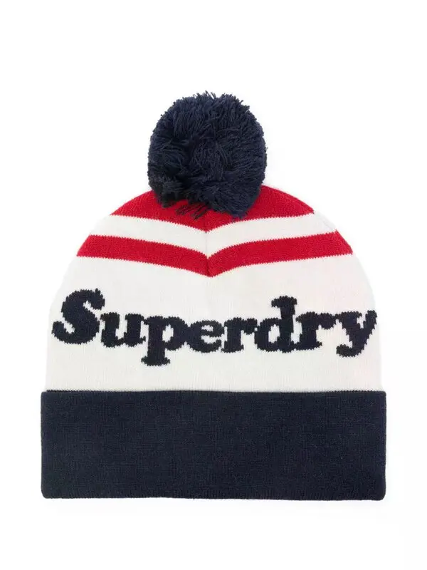 Superdry Striped Beanie With Pompom Detail - White