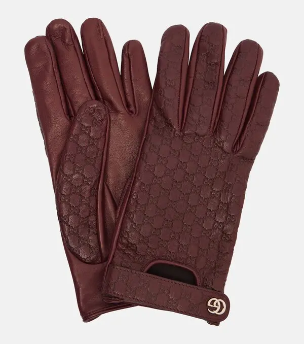 Gucci Double G Debossed Leather Gloves - Burgundy