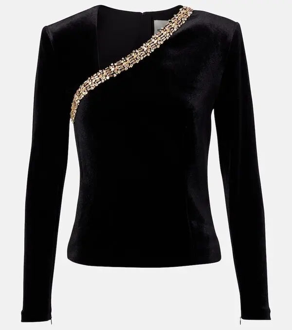 Roland Mouret Asymmetric Embellished Velvet Top - Black
