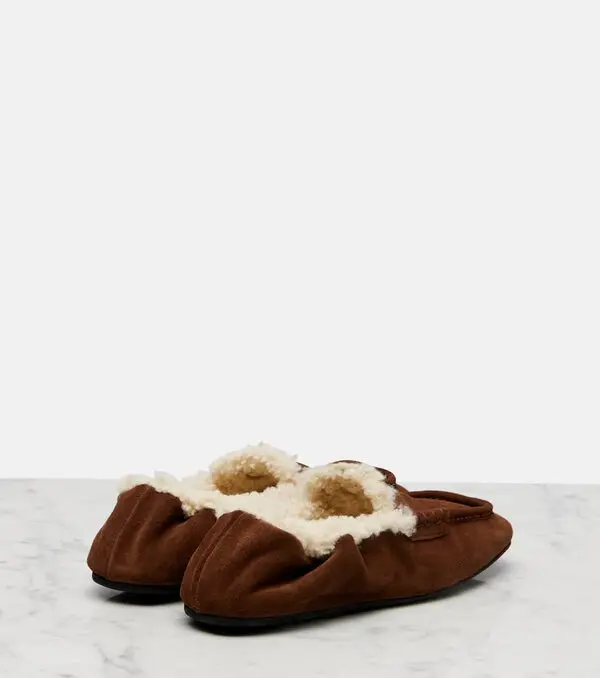 Miu Miu Ruches Shearling-lined Suede Penny Loafers