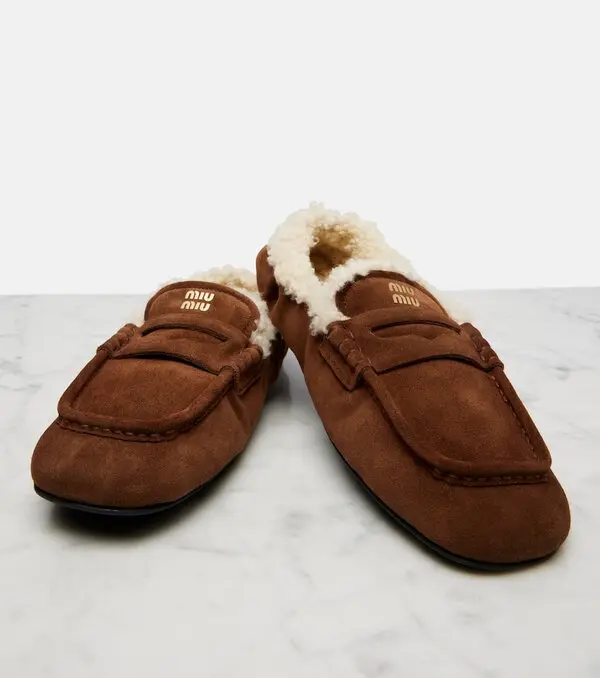 Miu Miu Ruches Shearling-lined Suede Penny Loafers