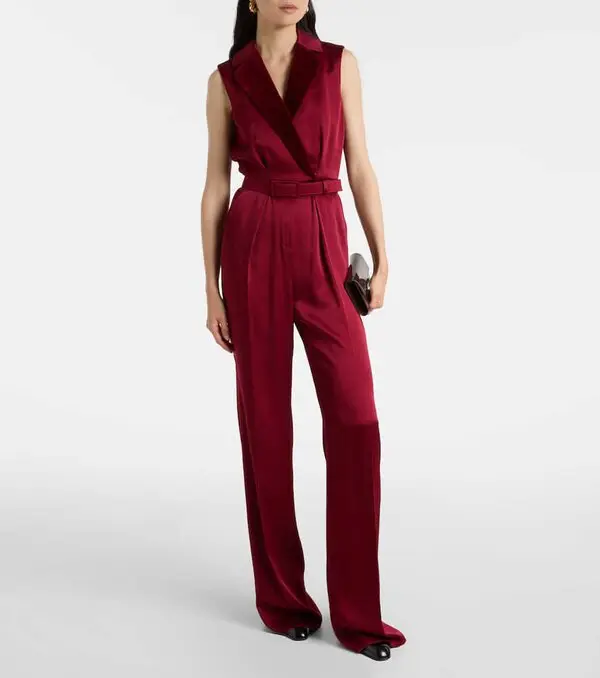 Max Mara Scalata Velvet-trimmed Satin Jumpsuit - Red