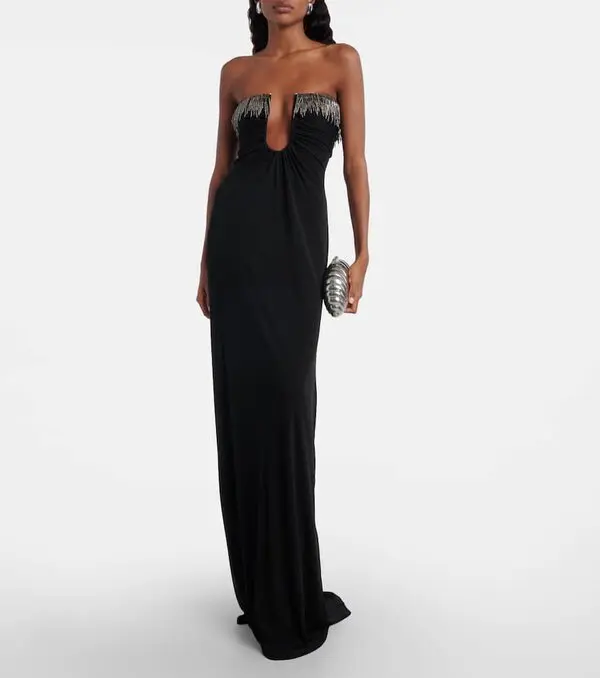 Christopher Esber Arced Palm Beaded Jersey Maxi Dress