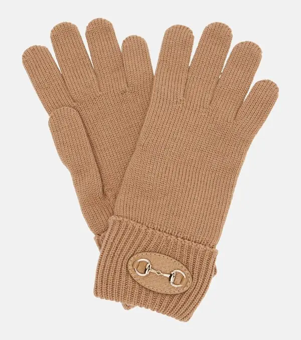 Gucci Horsebit Ribbed-knit Wool Gloves - Beige