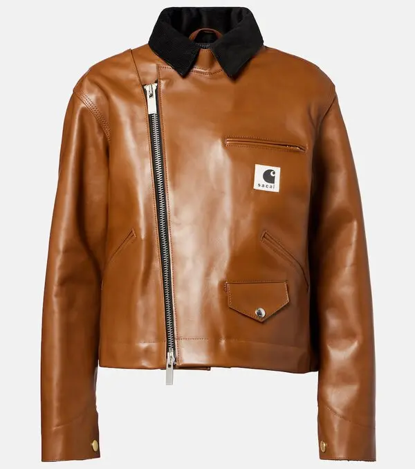 Sacai X Carhartt Asymmetric Leather Jacket - Brown