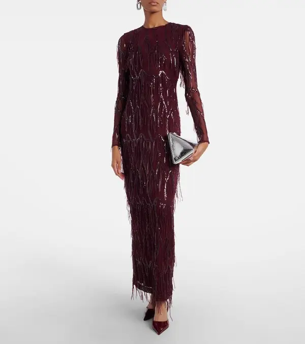 ROTATE BY BIRGER CHRISTENSEN Fringed Sequined Mesh Gown