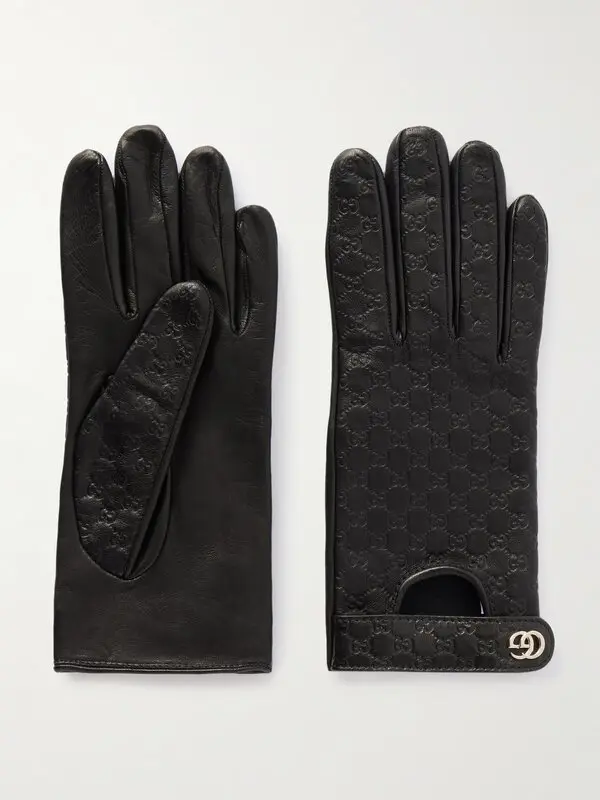 Gucci Debossed Leather Gloves - Black