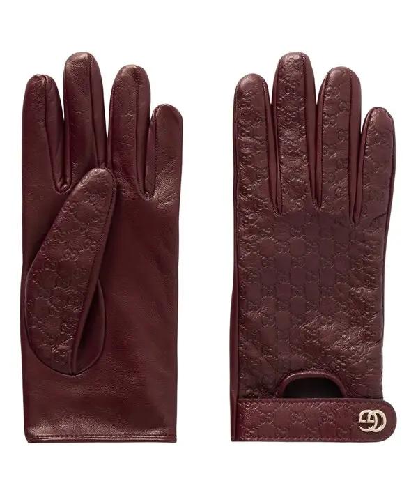 Gucci Debossed Leather Gloves - Burgundy