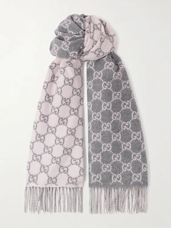 Gucci Fringed Jacquard-knit Cashmere Scarf - Gray