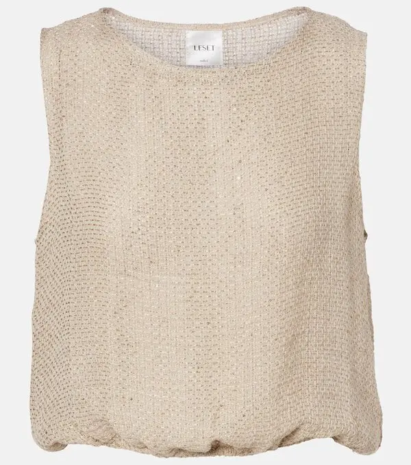 LESET Stella Sequined Linen-blend Top - Beige
