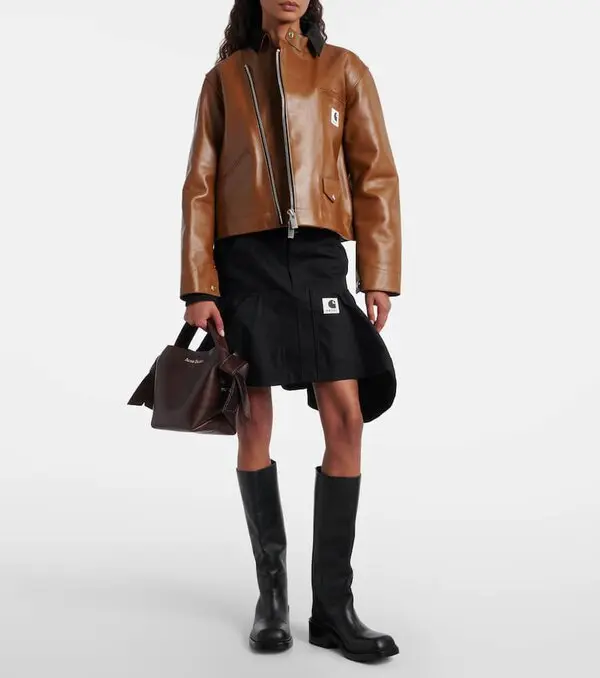 Sacai X Carhartt Asymmetric Leather Jacket - Brown