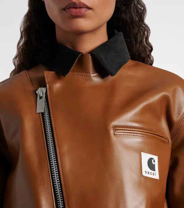 Sacai X Carhartt Asymmetric Leather Jacket - Brown