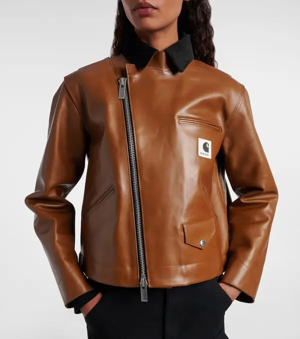 Sacai X Carhartt Asymmetric Leather Jacket - Brown