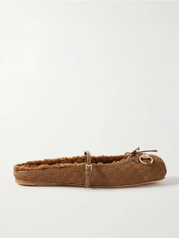 Gucci Leather-trimmed Shearling Ballet Flats - Brown