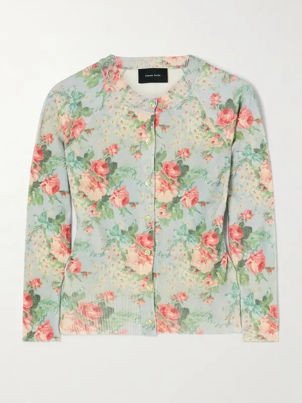 Simone Rocha Cropped Floral-print Knitted Cardigan