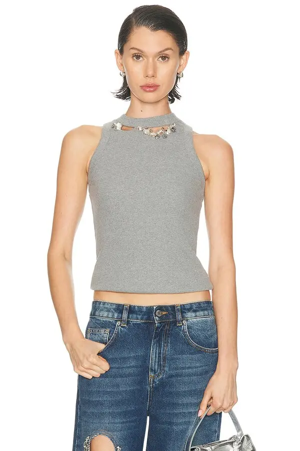 AREA Distressed Crystal Ribbed Knit Tank Top - Grey Melange