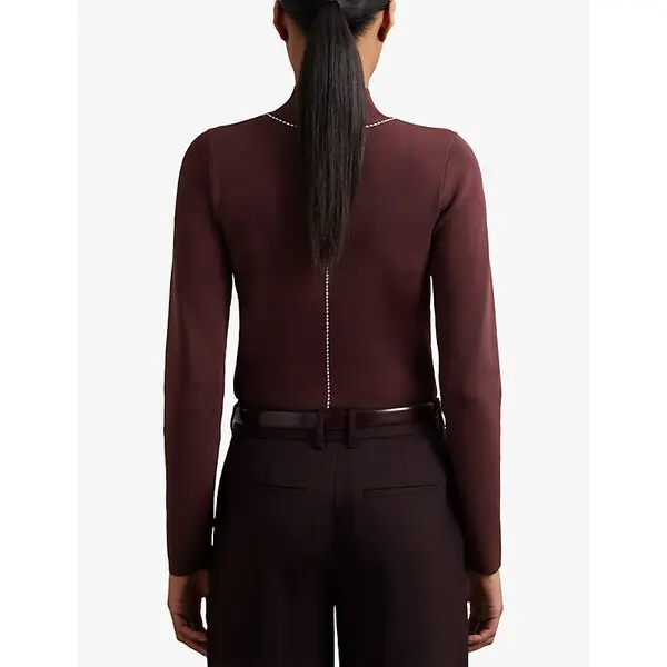 REISS Contrast-stitch Stretch-knit Jumper - Burgundy Camel