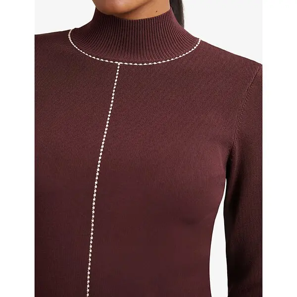 REISS Contrast-stitch Stretch-knit Jumper - Burgundy Camel