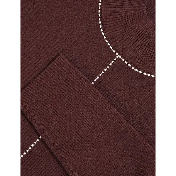 REISS Contrast-stitch Stretch-knit Jumper - Burgundy Camel
