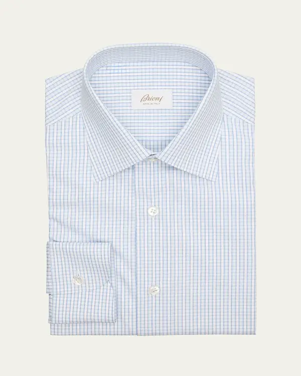 Brioni Cotton Petite Grid Check Dress Shirt - White/blue