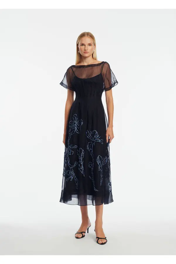 Lela Rose Ikat Floral Embroidered Organza Dress - Blue