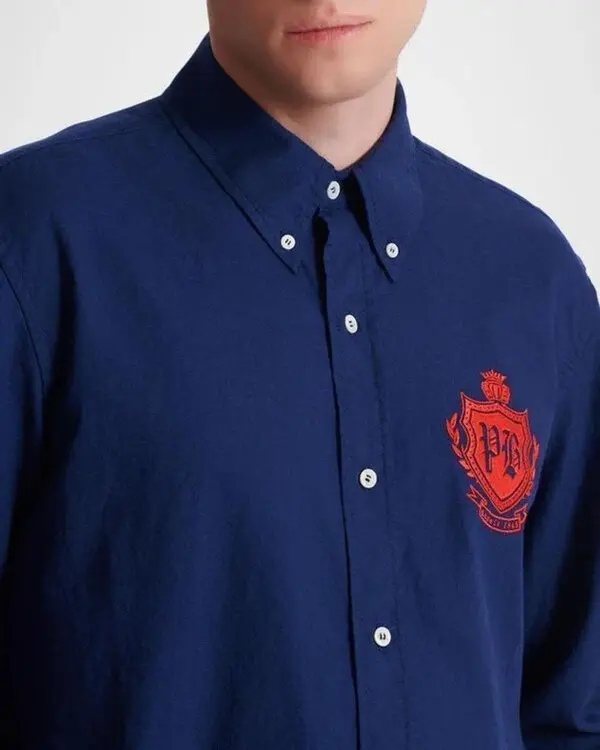 Balmain Apos;s Oxford Cotton College Emblem Button-down Shirt - Blue