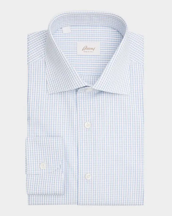 Brioni Cotton Petite Plaid Classic-fit Dress Shirt - White/blue