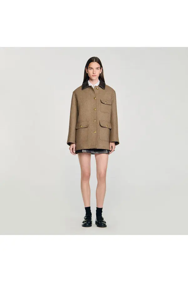 Sandro Tweed Coat With Leather Collar