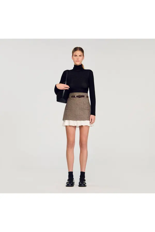 Sandro Checked Mini Skirt With Belt And Ruffle Detail - Natural