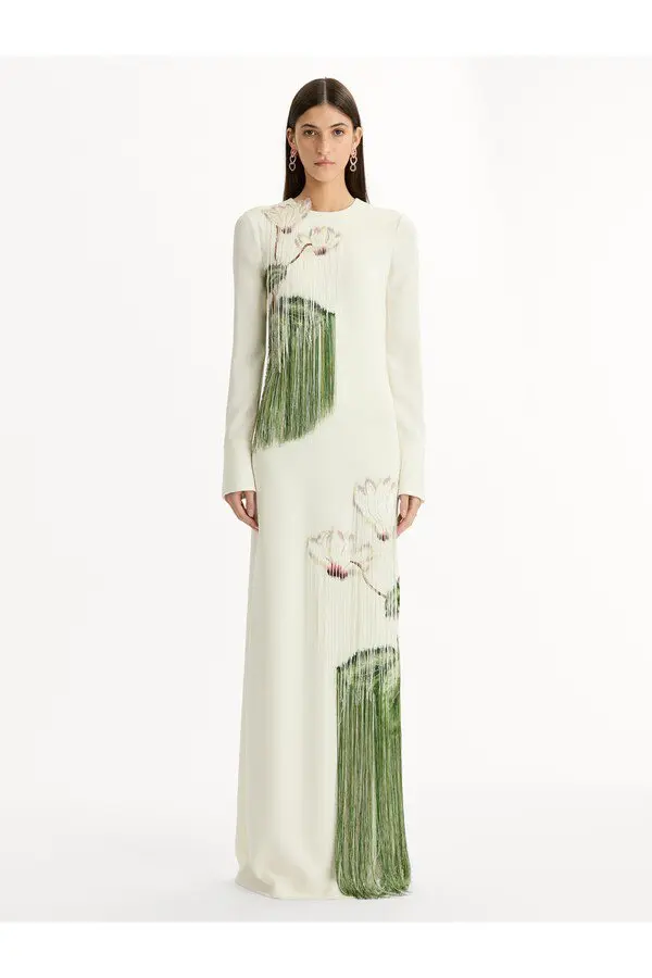 Oscar De La Renta Chiné Cyclamen Threadwork Fringe Caftan