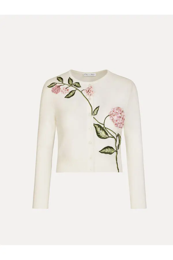Oscar De La Renta Porcelain Flower Threadwork Cropped Cardigan - Natural