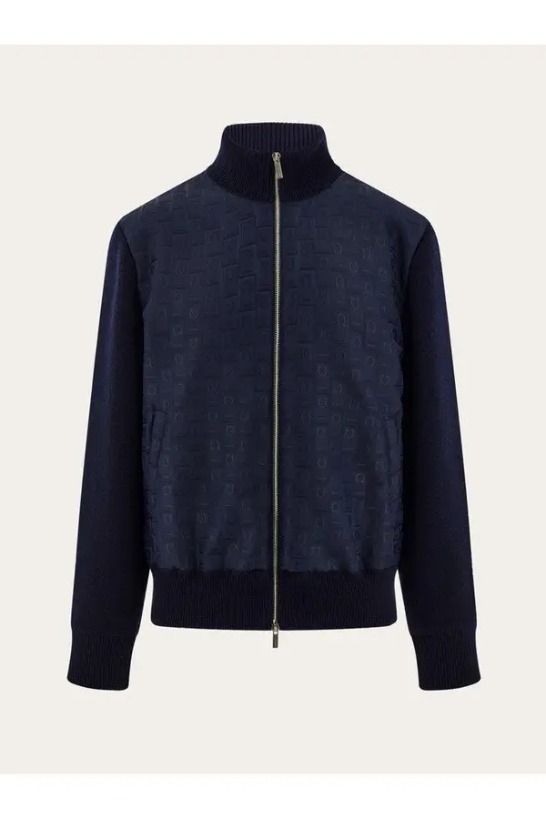 FERRAGAMO Monogram Jacquard Knit Bomber Jacket - Navy