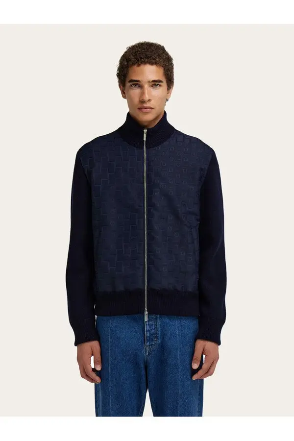 FERRAGAMO Monogram Jacquard Knit Bomber Jacket - Navy