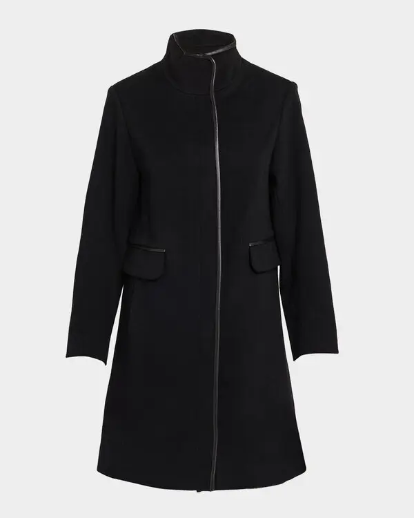 Fleurette Margaux Mid-Length Wool Coat With Leather Trim Black