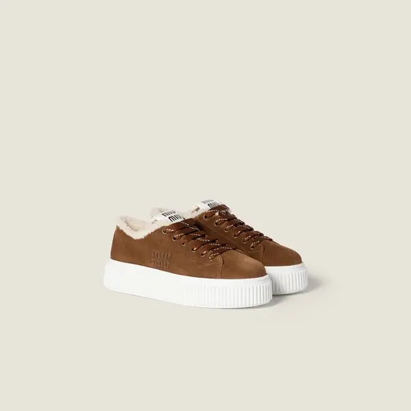 Miu Miu Suede And Shearling Sneakers - Cocoa Brown