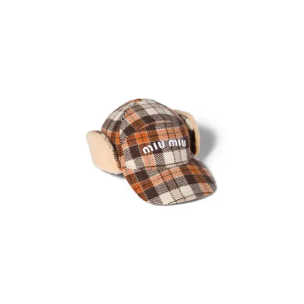 Miu Miu Plaid Cap With Plush Fleece Lining - Cocoa Brown/papaya