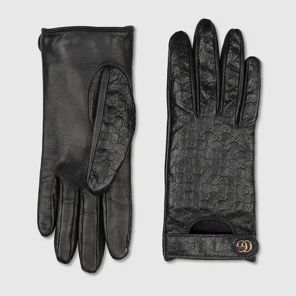 Gucci Gg Leather Gloves With Double G - Black