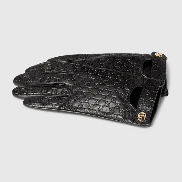 Gucci Gg Leather Gloves With Double G - Black