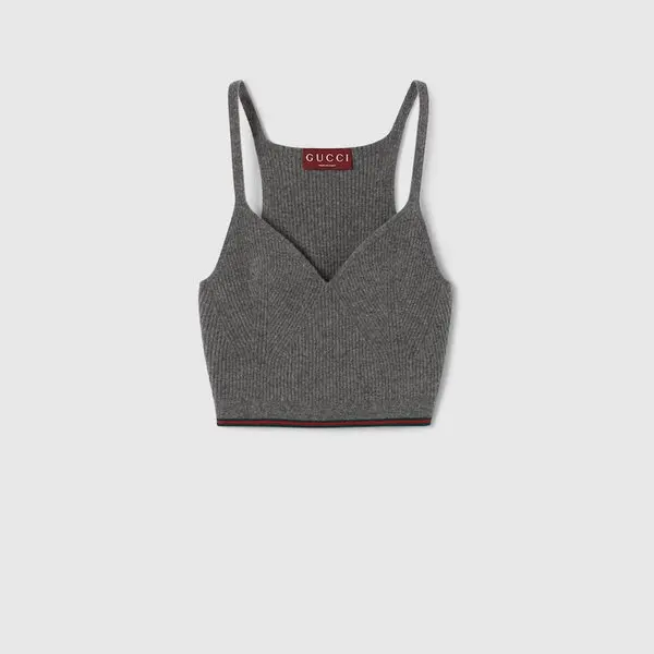 Gucci Rib Felted Wool Strappy Top With Web Trim - Grey