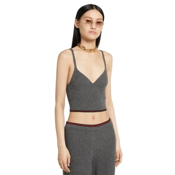 Gucci Rib Felted Wool Strappy Top With Web Trim - Grey