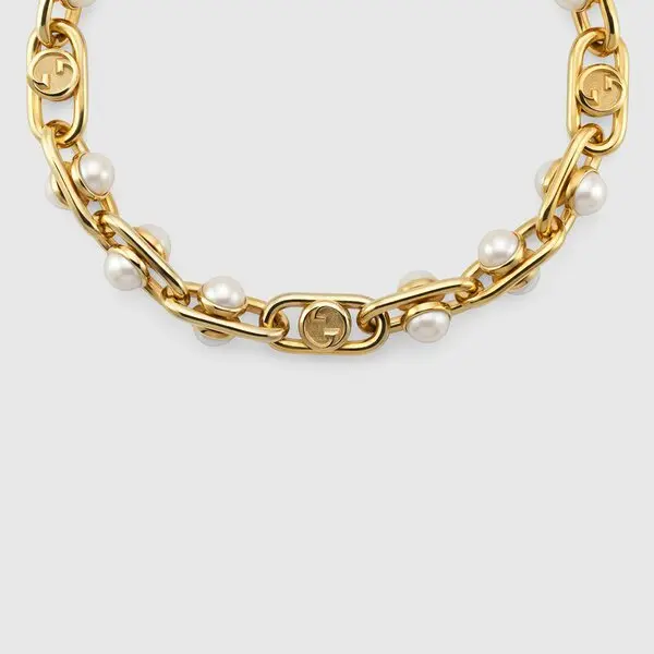 Gucci Necklace With Interlocking G And Mobile Pearls - Gold-toned Metal
