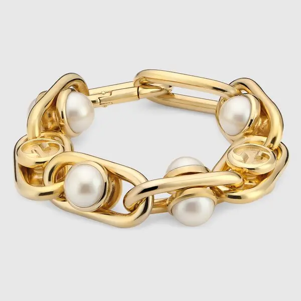 Gucci Bracelet With Interlocking G And Pearls - Gold-toned Metal