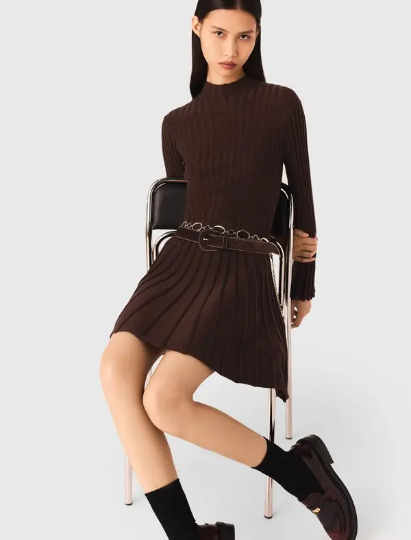 Polyester High-neck Mini Skater Dress - Dark Brown