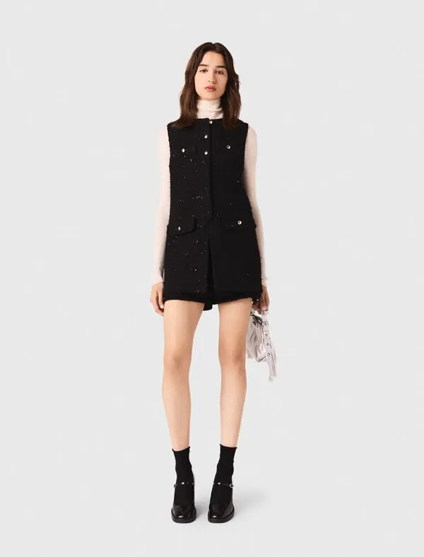 Maje Cotton Tweed Playsuit With Sequins - Black