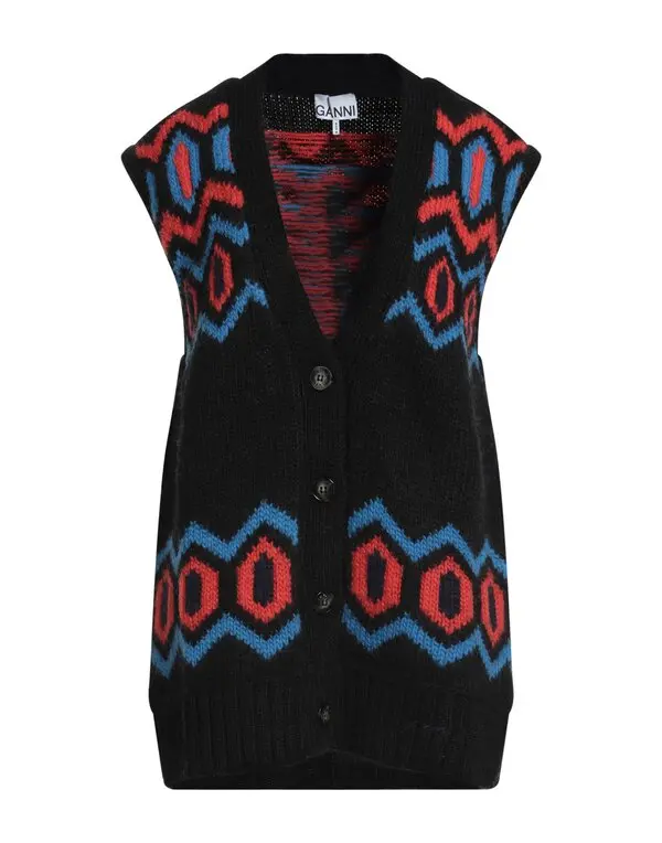 GANNI Organic Wool Geometric-print Cardigan - Black
