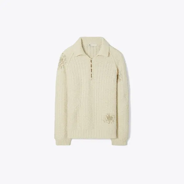 Tory Burch Wool And Alpaca Basketweave Sweater - Cream
