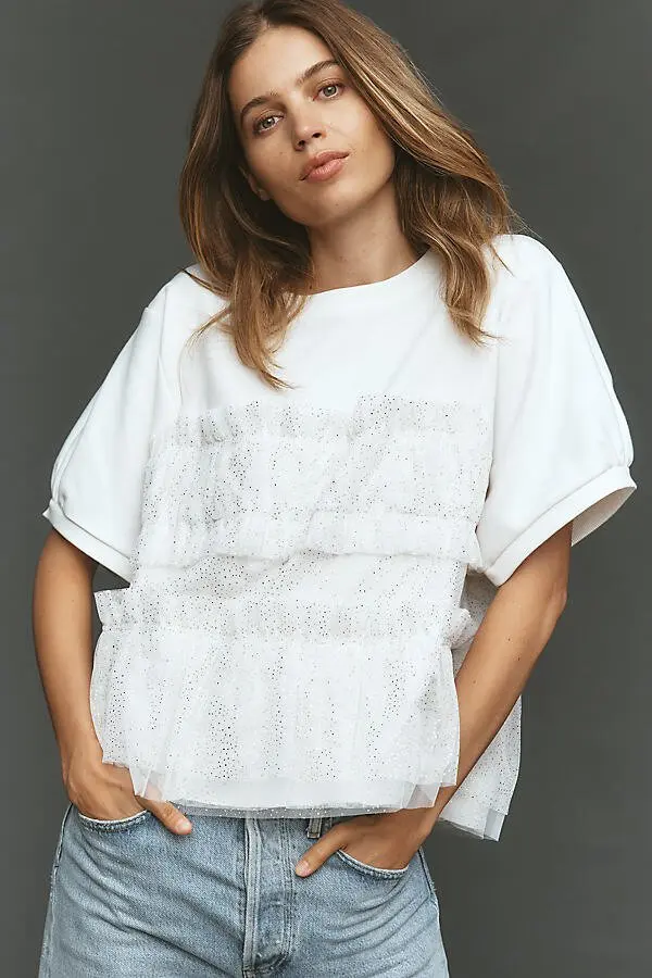 Maeve Short-sleeve Smocked Ruffled Sweatshirt - White