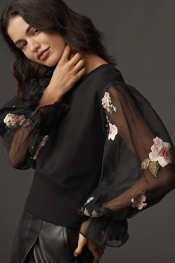 Anthropologie Embroidered Floral Sheer Top - Black
