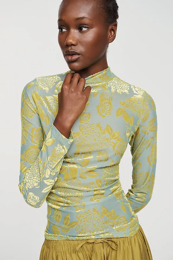 Anthropologie Flocked Mock-neck Long-sleeve Top - Blue Pattern