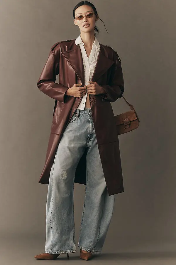 NVLT Faux Leather Belted Trench Coat - Wine